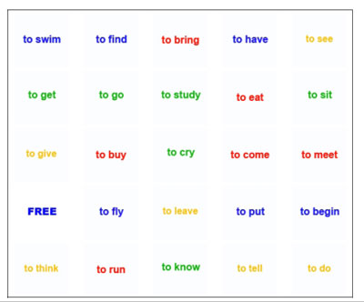 ESL Bingo Game English as a Second Language Past Tense Bingo Game